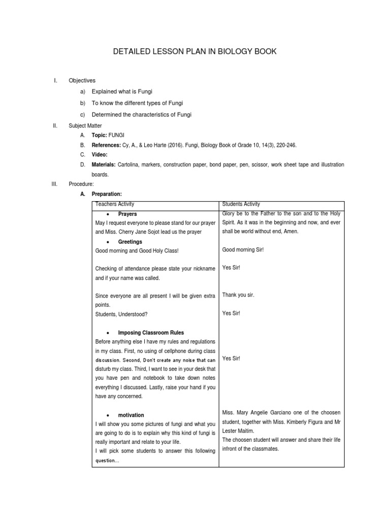 Fungal Diversity: A Detailed Lesson Plan Exploring the Characteristics ...