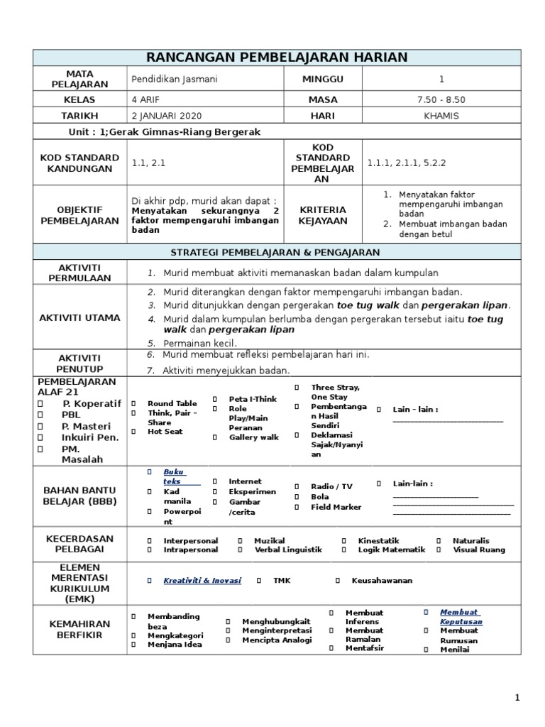 RPH PJ Tahun 4 Unit 1 Gerak Gimnas | PDF
