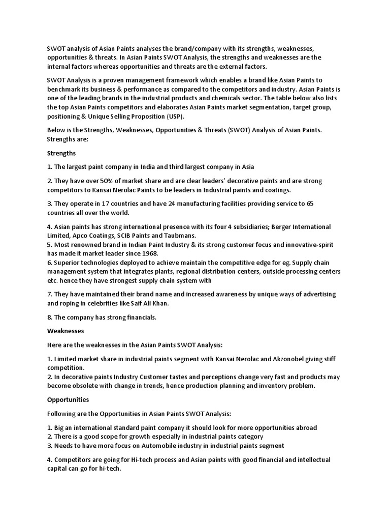 SWOT Analysis of Asian Paints Analyses The Brand | PDF | Swot Analysis ...