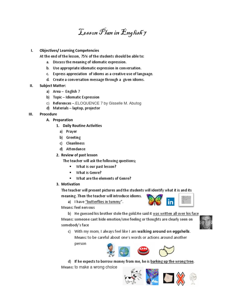 Week 7 Lesson Plan IDIOMATIC EXPRESSION | PDF | Idiom | Lesson Plan