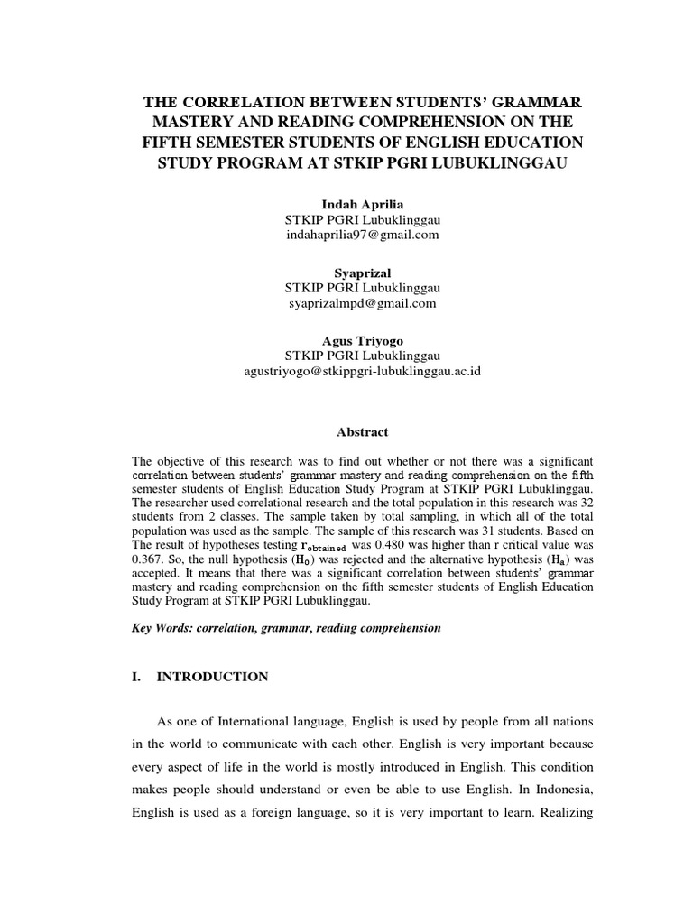 The Correlation Between Students' Grammar Mastery and Reading Comprehension | PDF | Reading ...