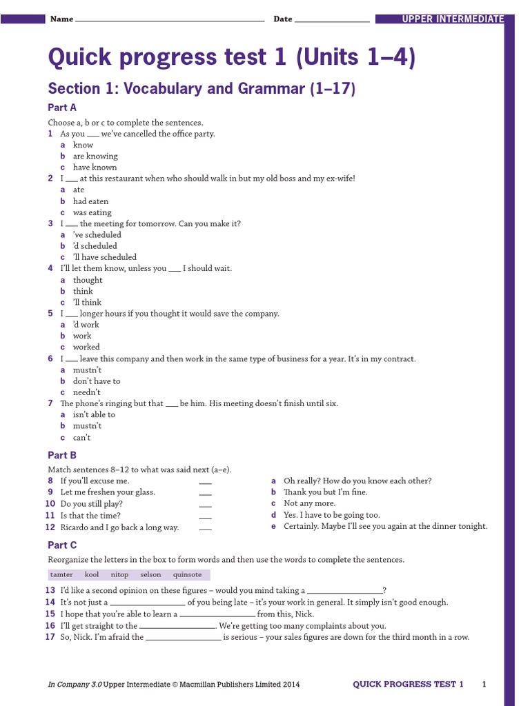 Progress Test 1-4 Units | PDF | Communication