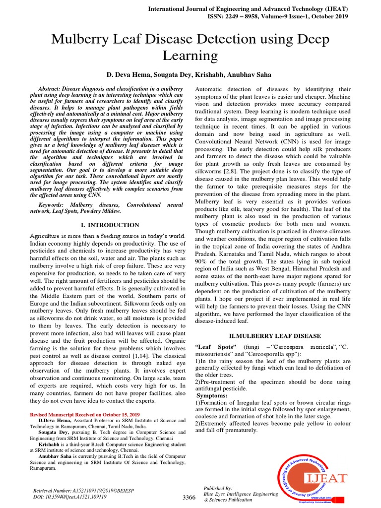 Mulberry Leaf Disease Detection Using Deeplearning Download Free Pdf