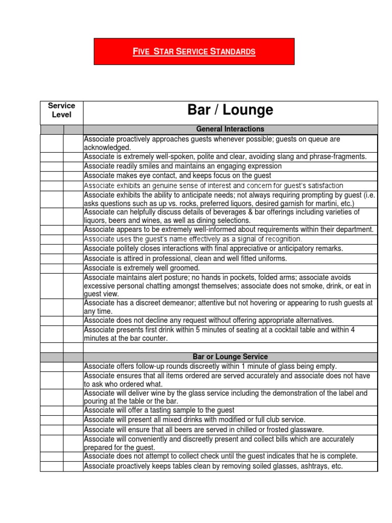 5-Star Lounge Service Standards | PDF | Bar | Beverages