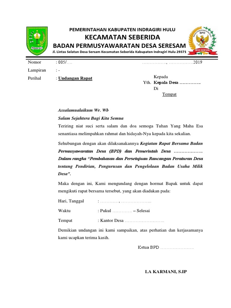 Contoh Undangan Rapat BPD Desa | PDF | Griya & Taman