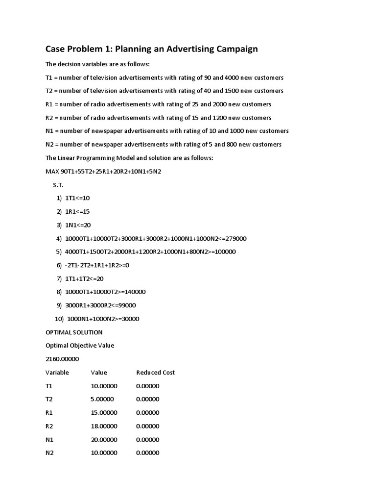Case Problem 1 Planning An Advertising Campaign | PDF | Mathematical Optimization | Linear ...
