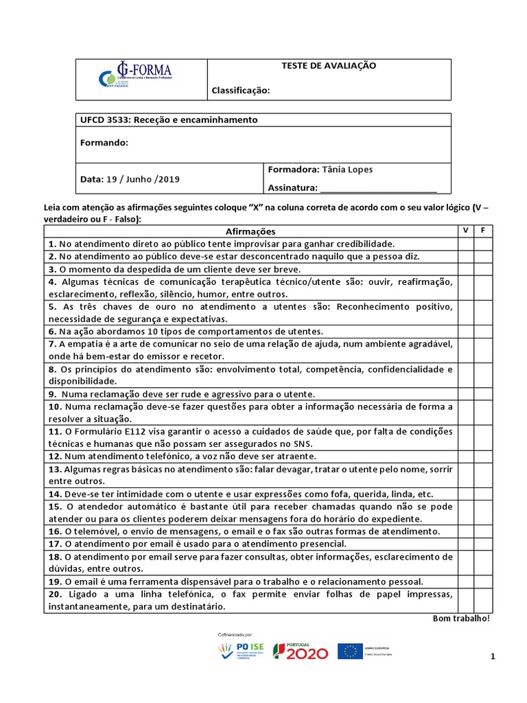 Teste - UFCD 3533 - Receção e Encaminhamento | PDF