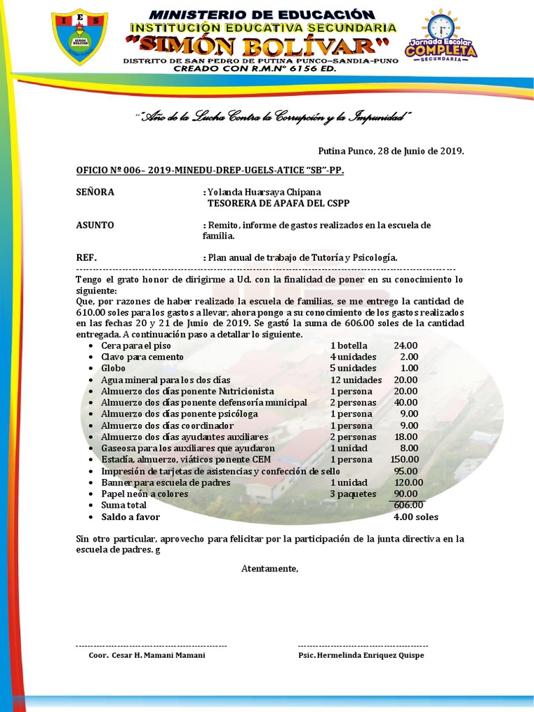 Informe para Apafa Escuela de Padres | PDF