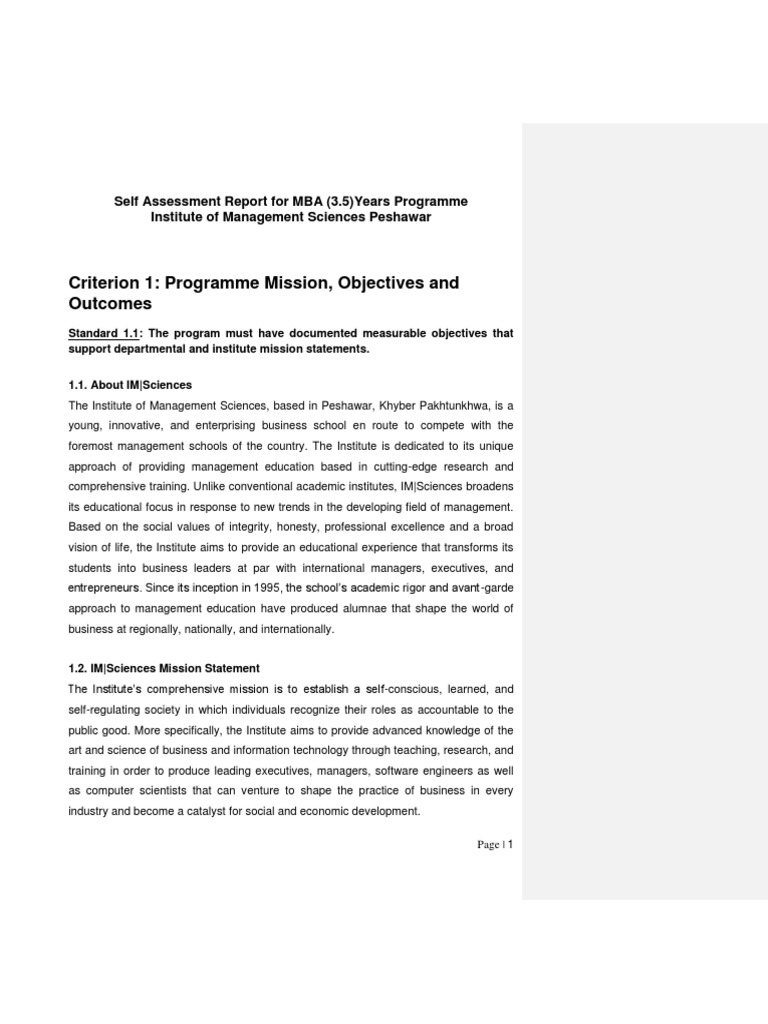 MBA Self Assessment Report Overview | PDF | University And College ...
