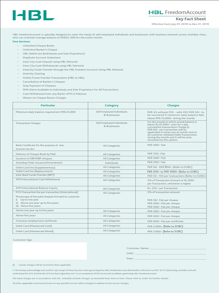 Key Fact Sheet (HBL FreedomAccount) - July 2019 PDF | PDF | Cheque ...