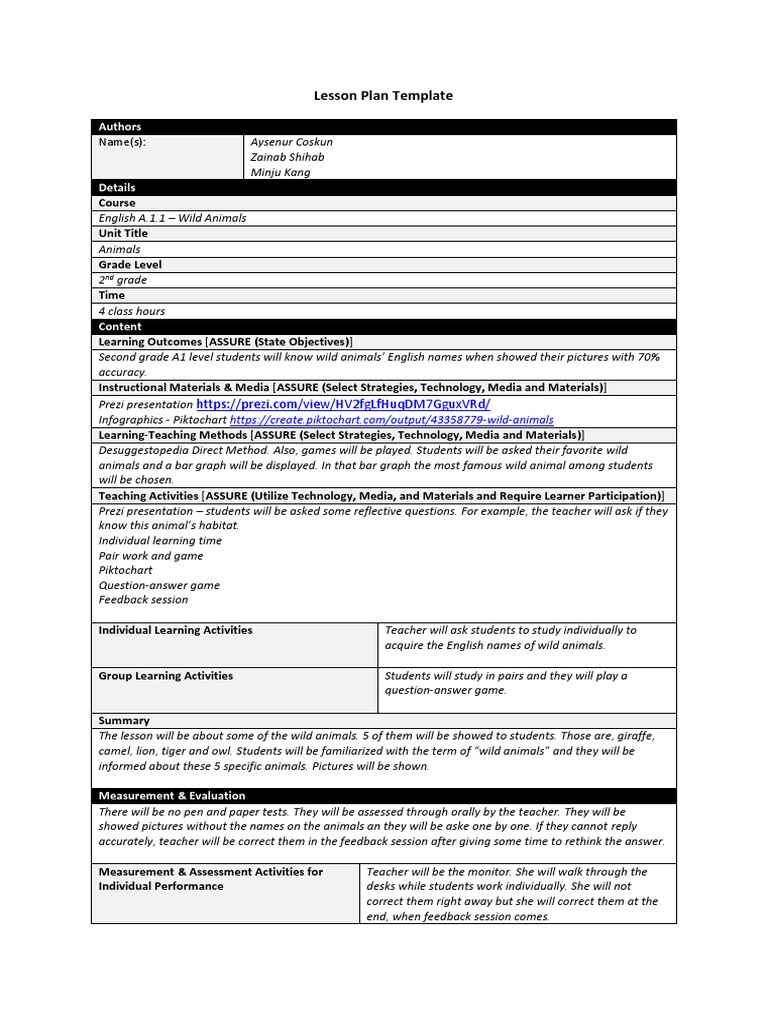 Eds266 Lesson Plan Wild Animals | PDF | Lesson Plan | Educational ...