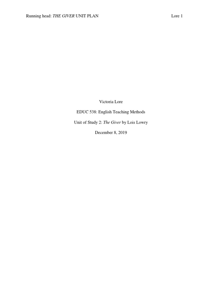 The Giver Unit Plan | PDF | Reading Comprehension | The Giver
