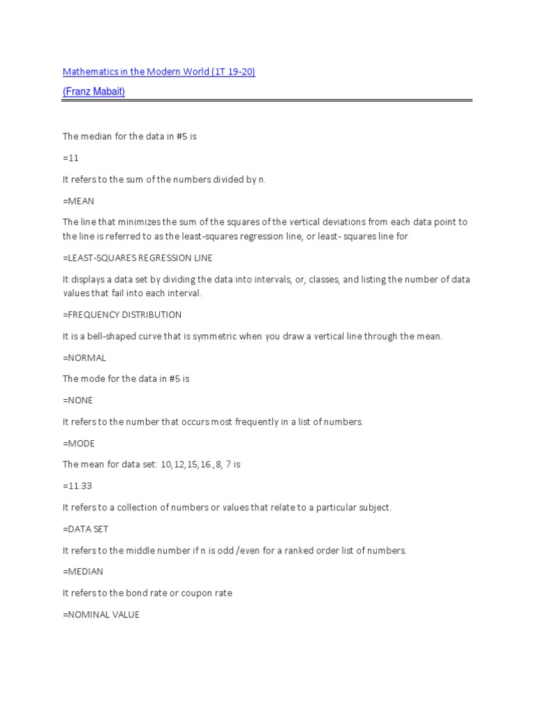 Mathematics in The Modern World Week1 10 QuizzesMidterm PDF | PDF | Set ...