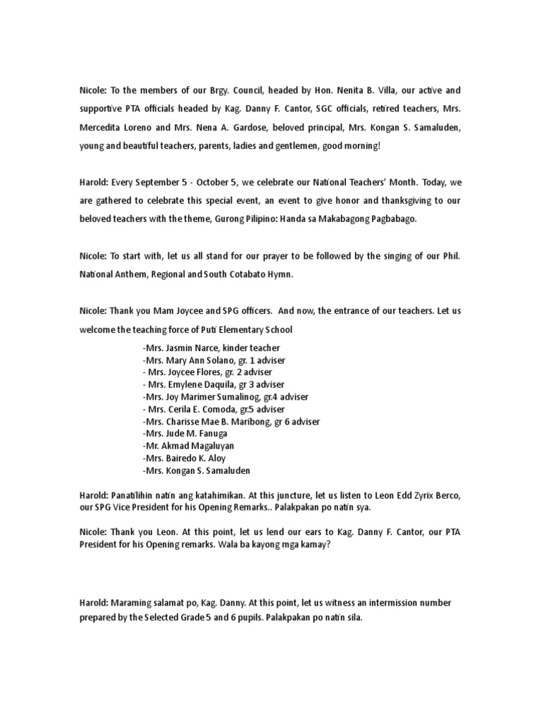 Emcee Script - Teachers' Day | PDF | Leisure