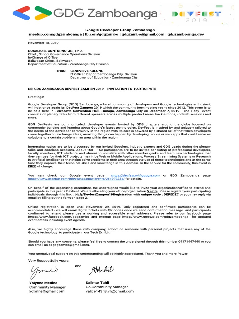 Letter of Invitation Devfest Zampen 2019 Deped ZC | PDF | Educational ...