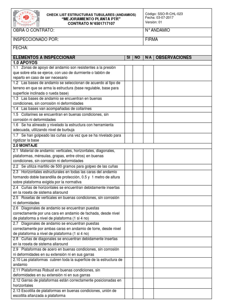Inspección de Andamios: Checklist Completo | PDF | Andamio | Sectores ...