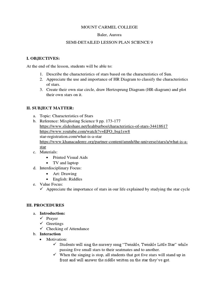 Characteristics of Stars Lesson Plan | PDF | Stars | Sun
