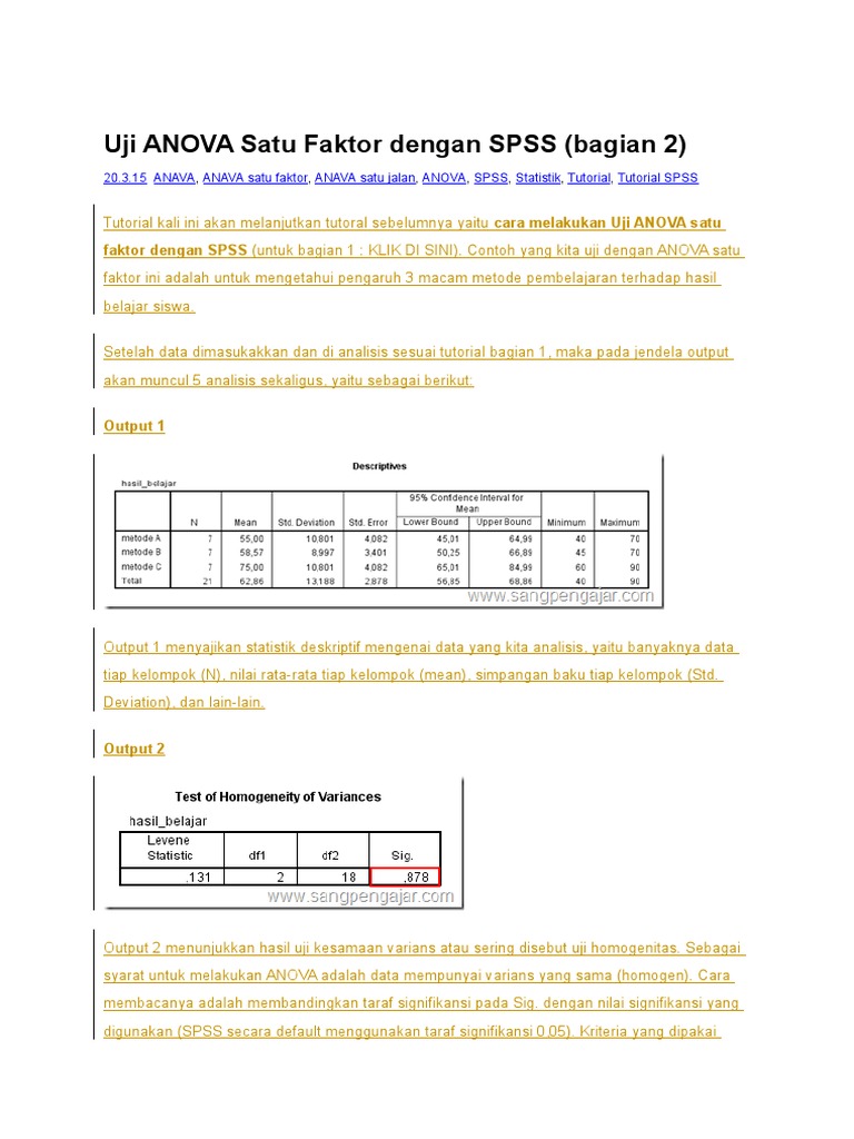 Uji ANOVA Satu Faktor Dengan SPSS | PDF