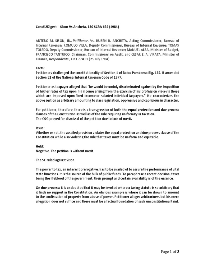 Consti2Digest - Sison Vs Ancheta, 130 SCRA 654, 1984 | PDF | Income Tax | Tax Deduction