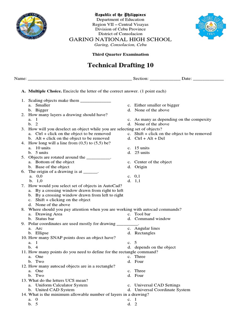Technical Drafting Exam for Grade 10 | PDF | Coordinate System | Angle