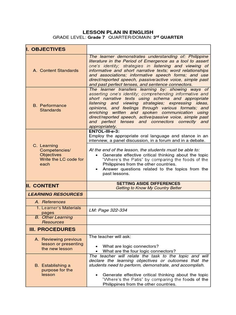 Lesson Plan G7 December 3 | PDF | Narrative | Lesson Plan