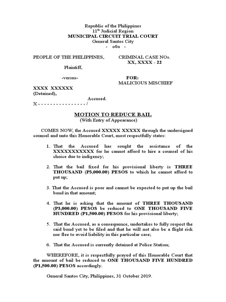 Motion To Reduce Bond With Entry of Appearance - SAMPLE SCRIBD 1 | PDF ...