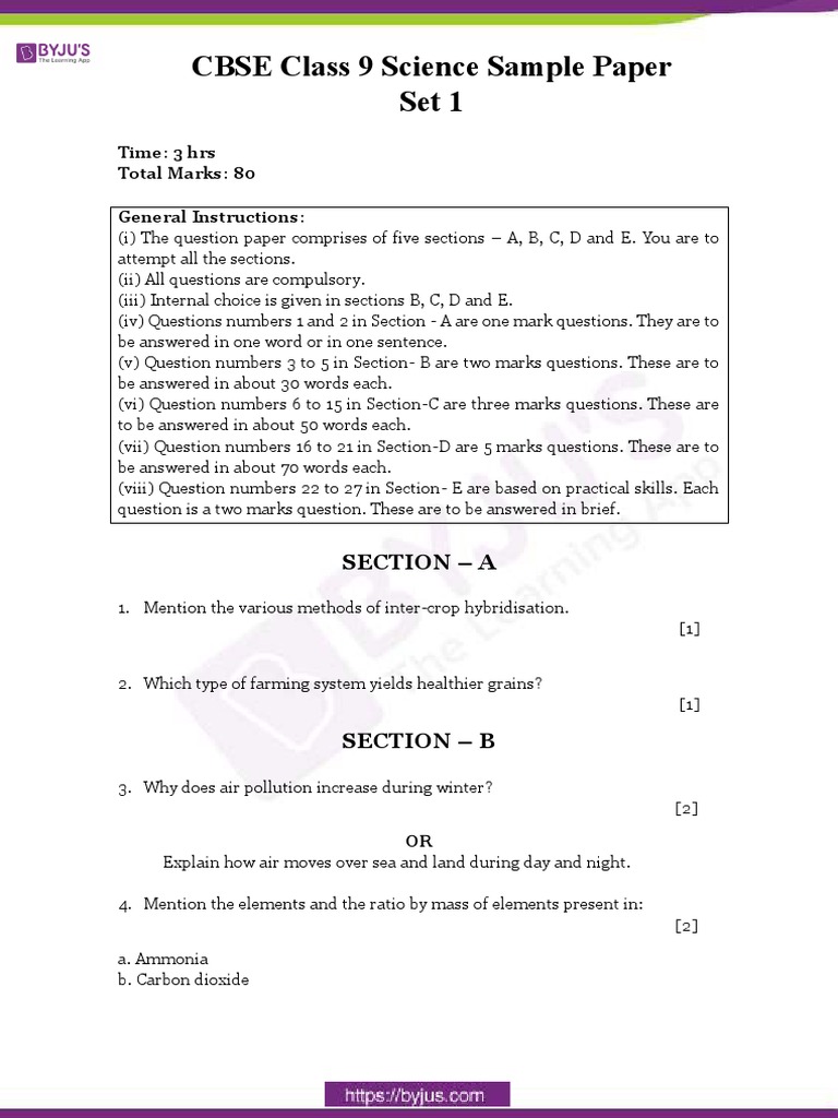 CBSE Sample Paper Class 9 Science Set 1 | PDF | Gravity | Buoyancy