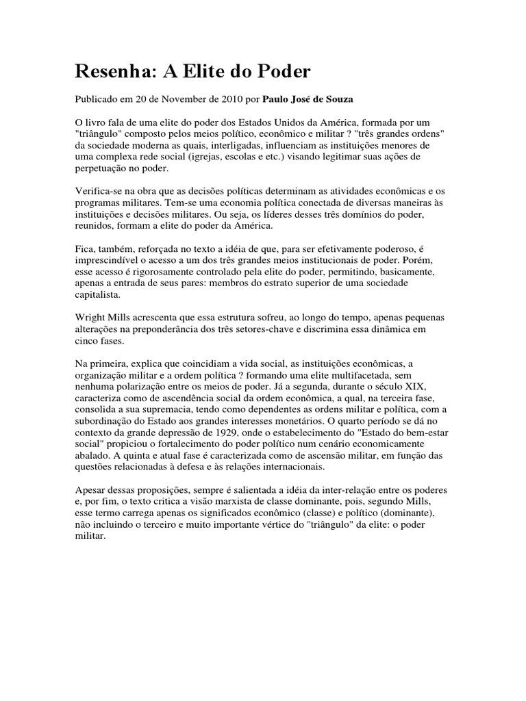 Resenha - A Elite Do Poder - Wright Mills | PDF | Política