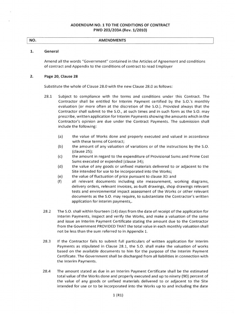 Addendum No. 1 To The Condition of Contract JKR 2010 | PDF