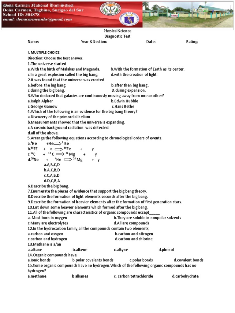Diagnostic Test in Physical Science | PDF | Big Bang | Chemical Polarity
