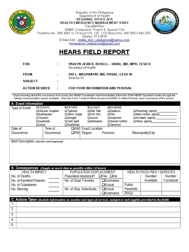 Form 1 - HEARS Field Report | PDF | Health Care