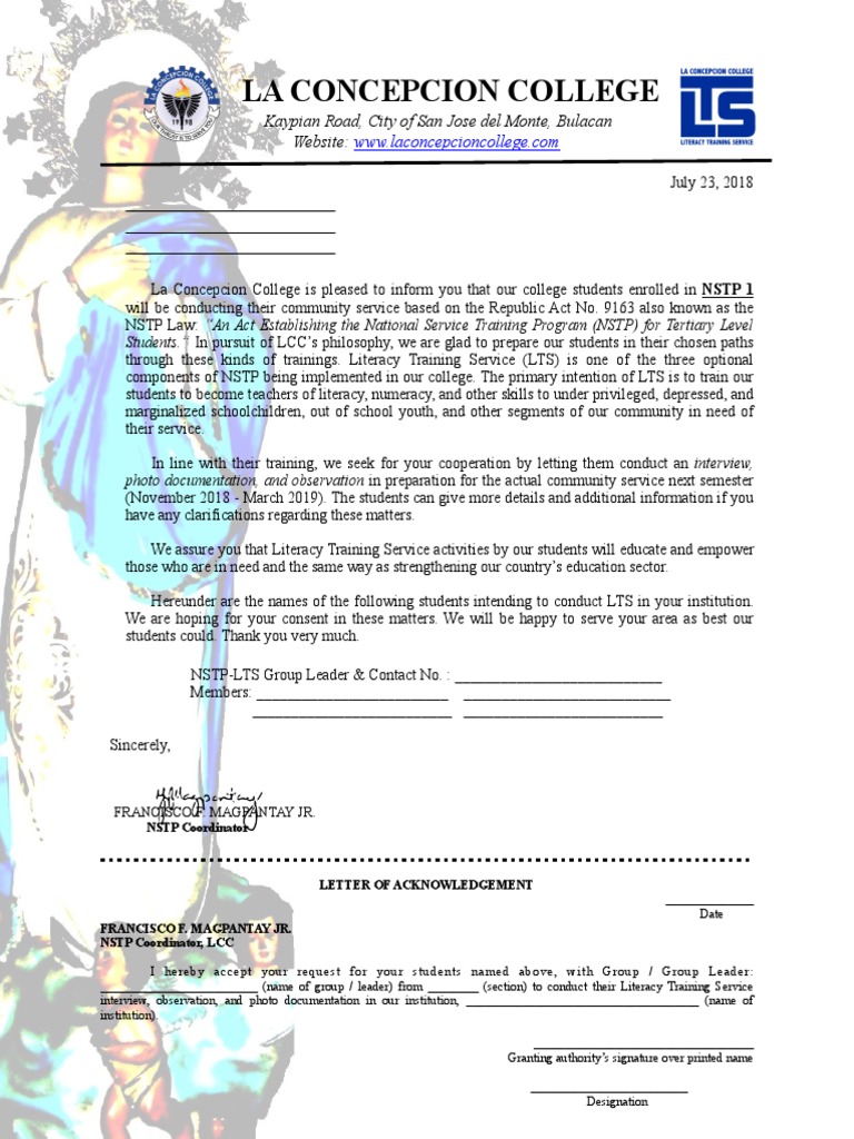 NSTP Community Service Request Letter | PDF | Literacy | Cognition