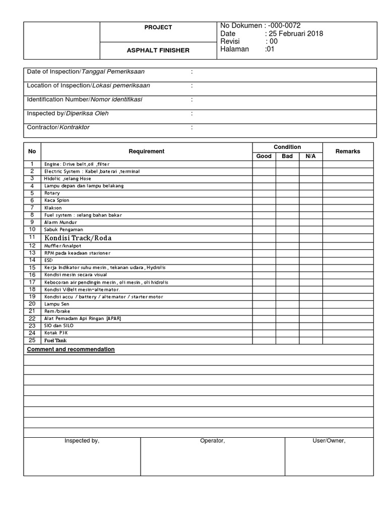 Asphalt Finisher CHECKLIST | PDF