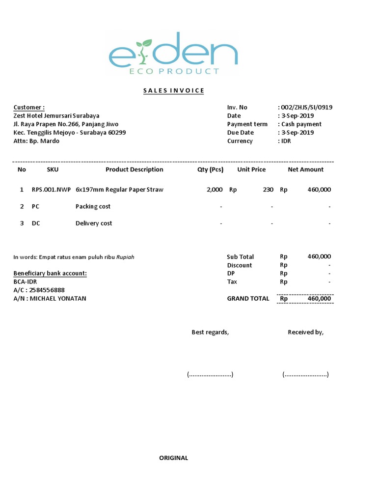 INVOICE - Zest Hotel Surabaya - Original | PDF | Indonesian Rupiah | International Finance