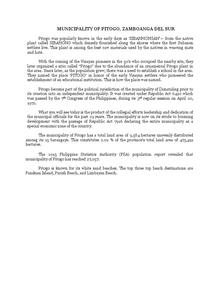 The History and Development of Pitogo Municipality in Zamboanga del Sur ...