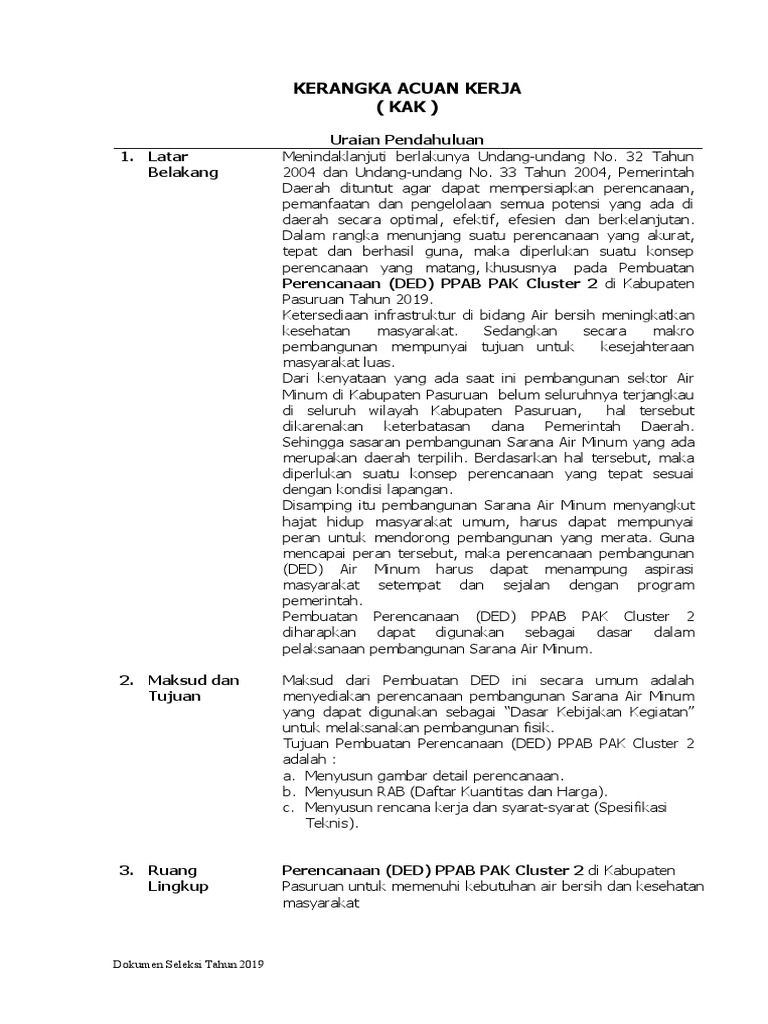 KAK Perencanaan DED PPAB PAK Cluster 2 | PDF