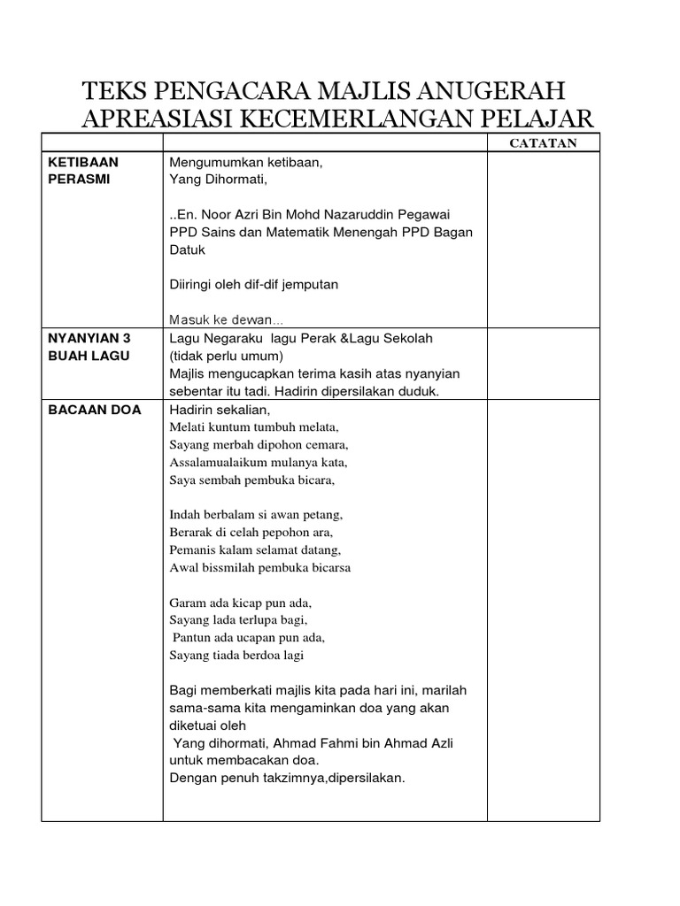 TEKS - PENGACARA - MAJLIS - ANUGERAH - KECEMERLAngan 2019 Sutiba | PDF