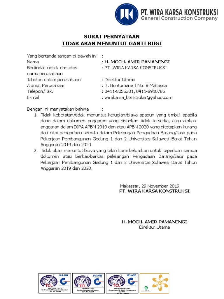 Surat Pernyataan Ganti Rugi | PDF