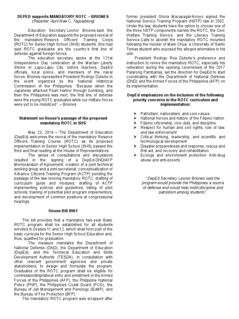 DEPED Supports MANDATORY ROTC | PDF | Philippines | Government