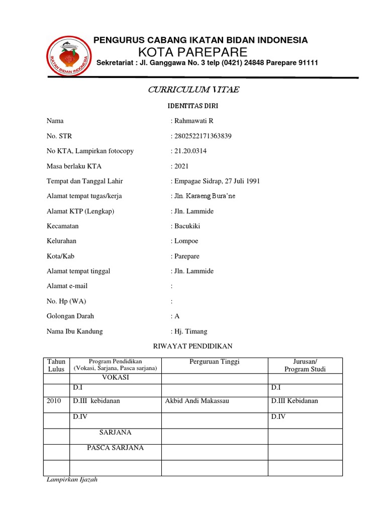 Curriculum Vitae PENGURUS CABANG IKATAN BIDAN INDONESIA | PDF