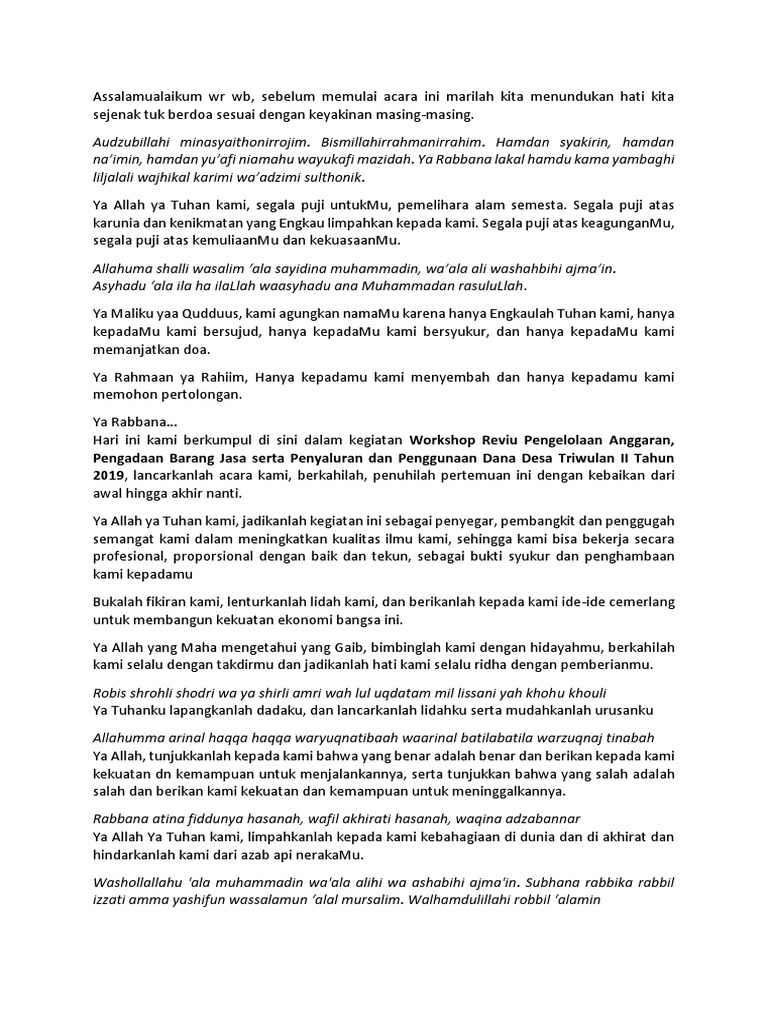 Doa Pembuka Acara Workshop Anggaran | PDF