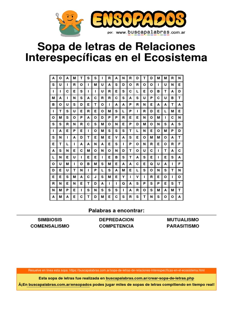 Sopa de Letras de Relaciones Interespecíficas en El Ecosistema | PDF ...