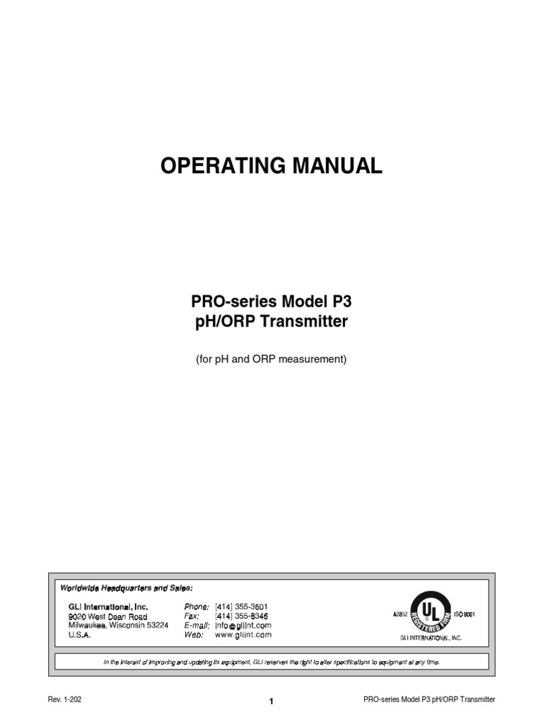 GLI Pro-P3 pH-ORP Transmitter Controller Operating Manual PDF | PDF ...