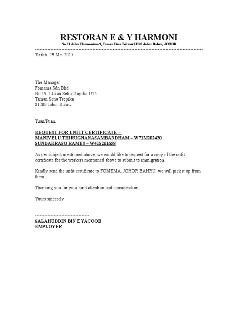 Unfit Certificate Fomema | PDF