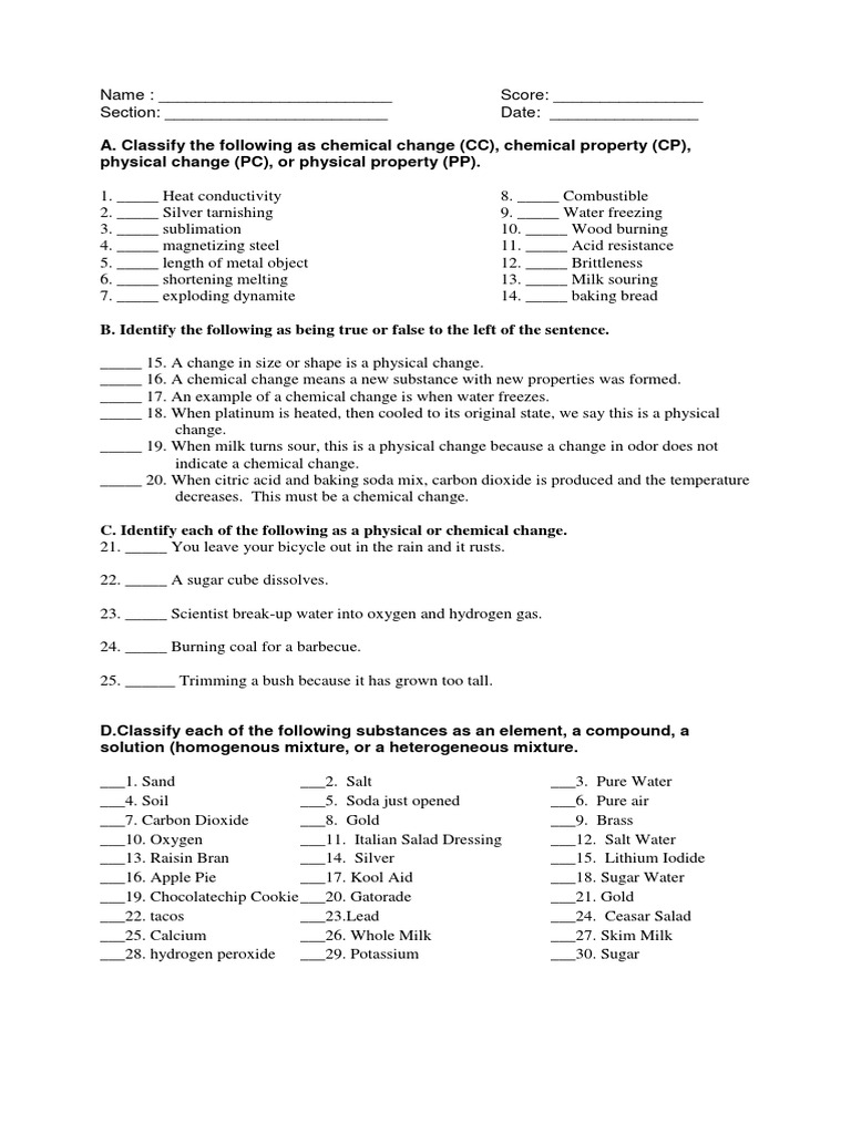 Physical Properties Worksheet | PDF | Chemical Substances | Carbon