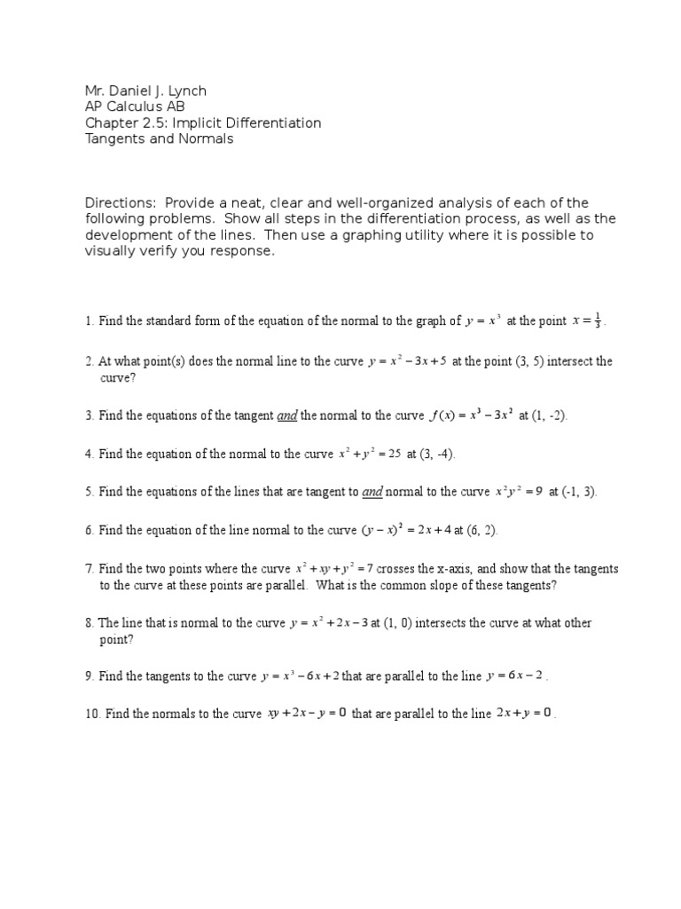 Calculus 2-5 Tangents and Normals-Worksheet | PDF | Tangent | Slope