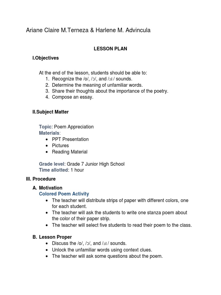 Lesson Plan | PDF | Poetry | Lesson Plan