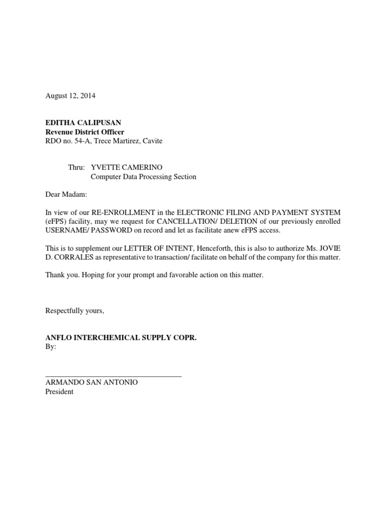 Request for Cancellation of Previous eFPS Username and Password and ...