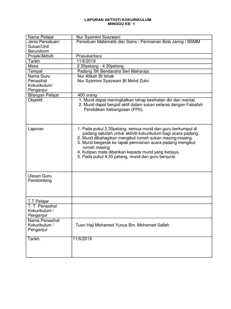 Laporan Aktiviti Kokurikulum | PDF
