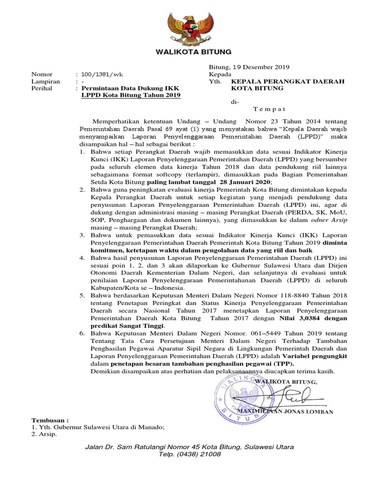 Surat Permintaan Data Dukung Ikk LPPD 2019 | PDF
